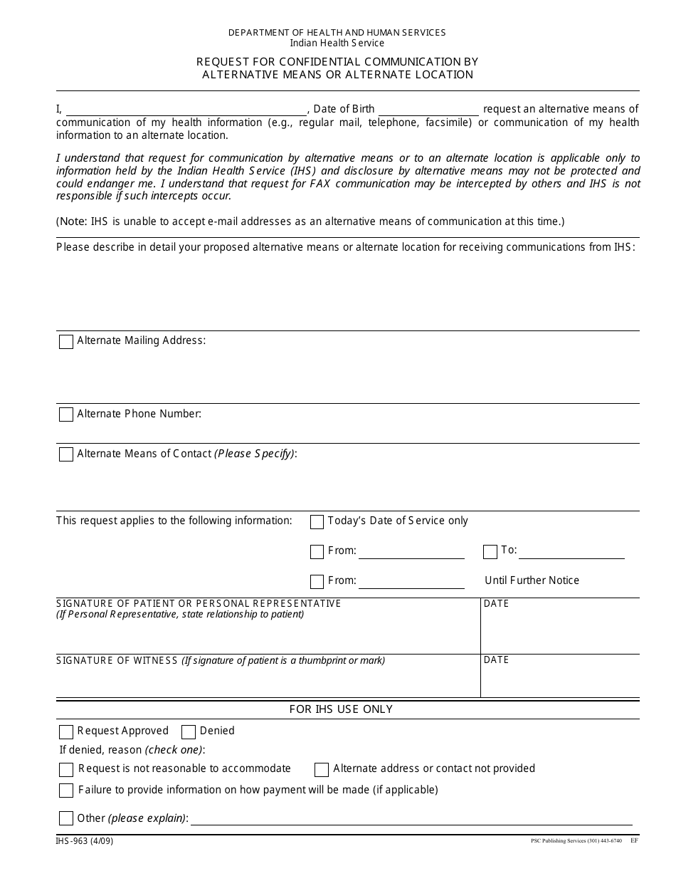 Form IHS-963 - Fill Out, Sign Online and Download Fillable PDF ...