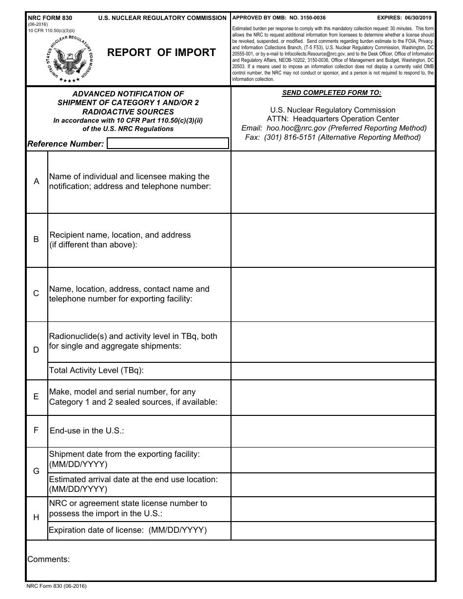 NRC Form 830 Download Fillable PDF or Fill Online Report of Import ...
