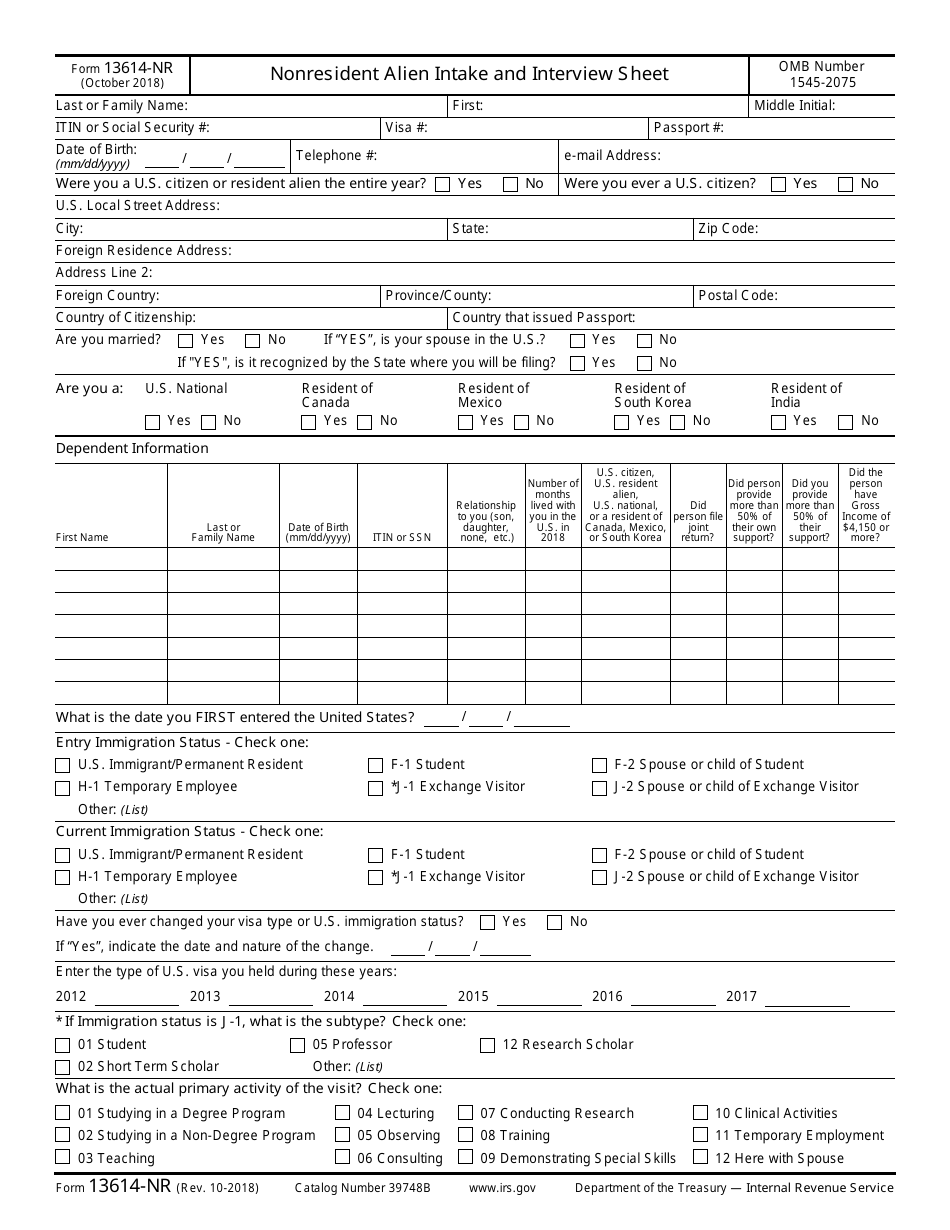 IRS Form 13614-NR - Fill Out, Sign Online and Download Fillable PDF ...