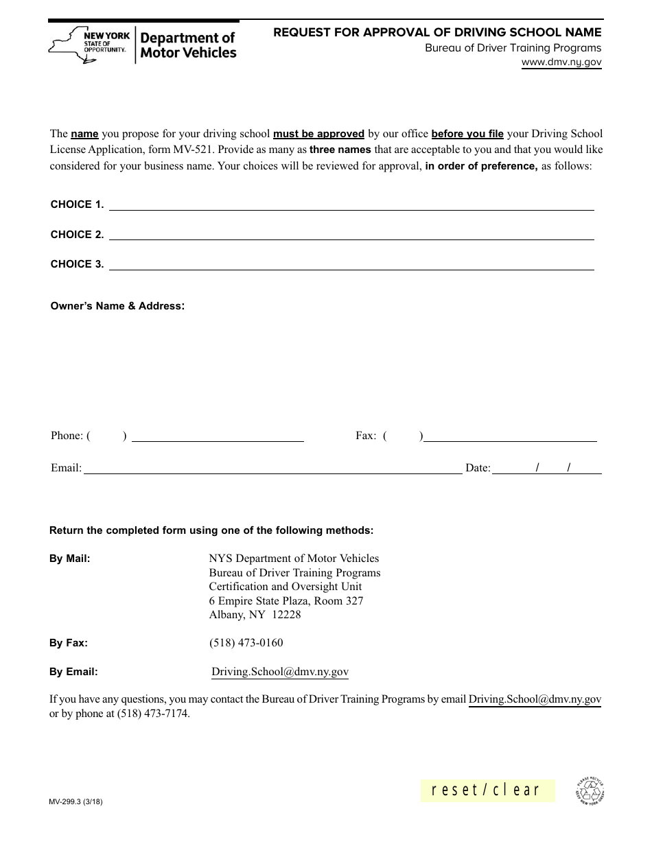 Form MV-299.3 - Fill Out, Sign Online and Download Fillable PDF, New ...