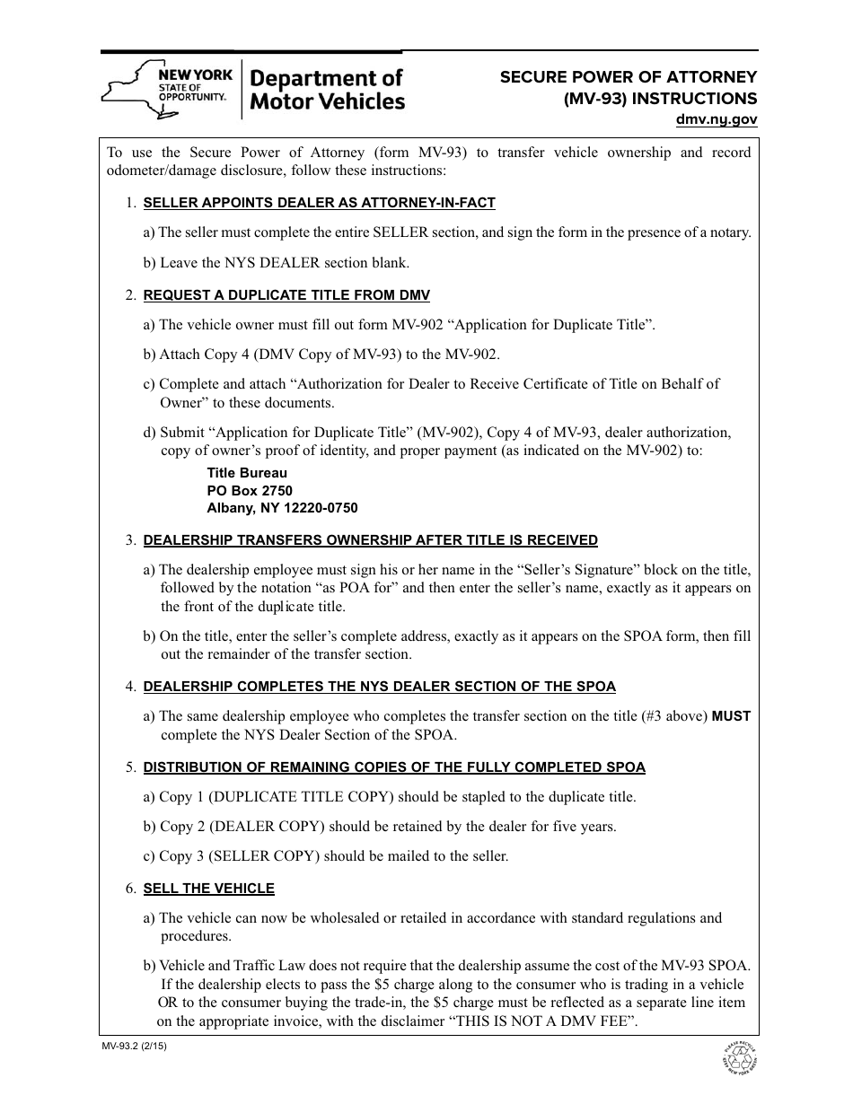 Download Instructions for Form MV-93.2, MV-93 Secure Power of Attorney ...