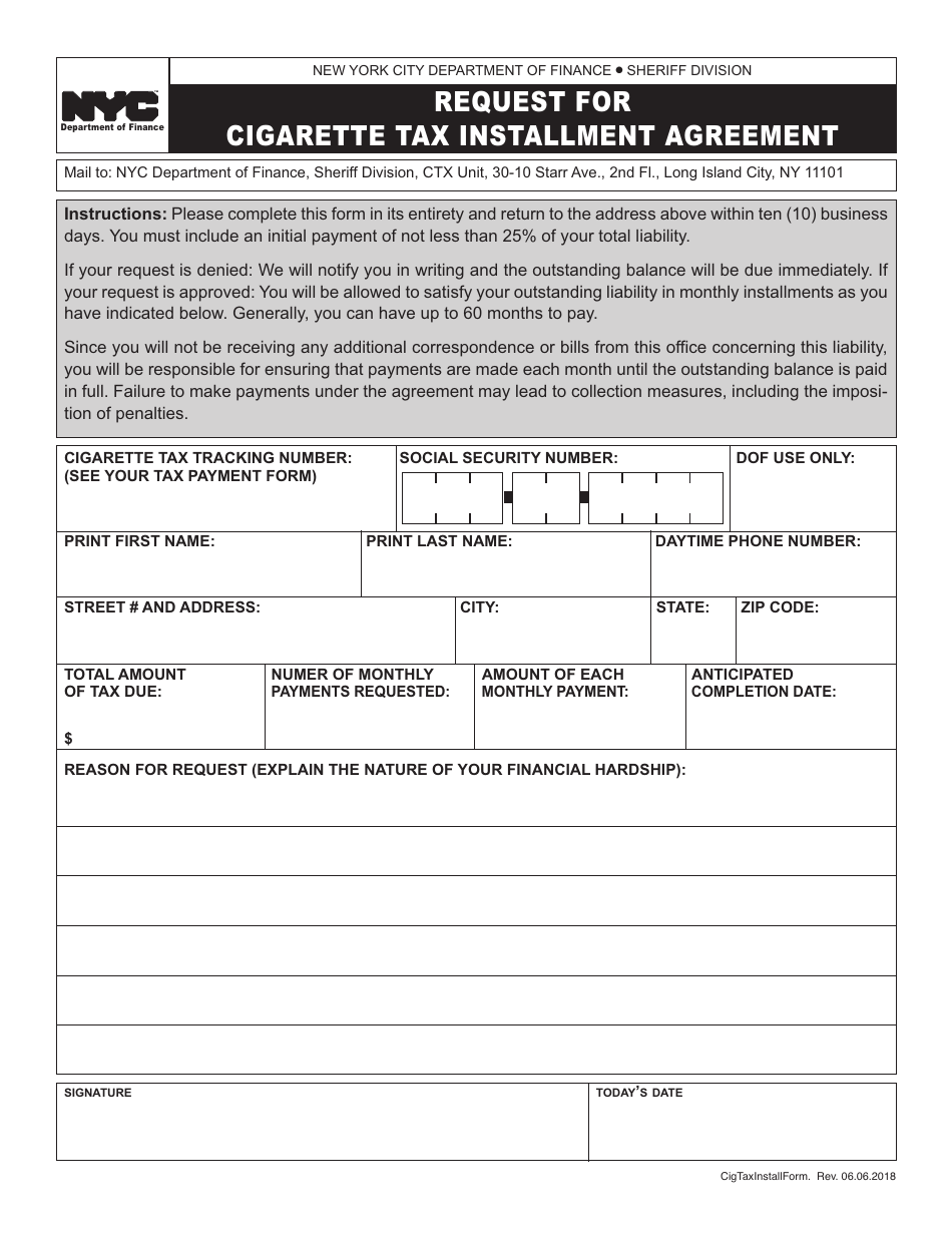 New York City Request for Cigarette Tax Installment Agreement - Fill ...