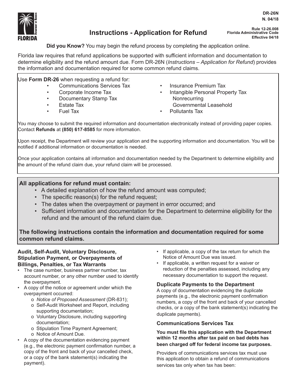 Download Instructions for Form DR-26N, DR-26 Application for Refund for ...