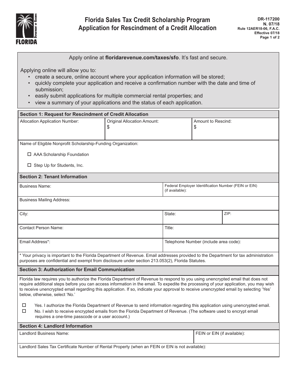 Form DR-117200 Download Printable PDF or Fill Online Application for ...