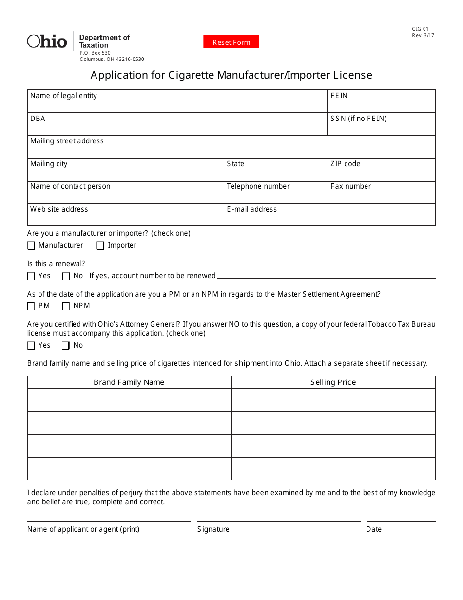 Form CIG01 - Fill Out, Sign Online and Download Fillable PDF, Ohio ...