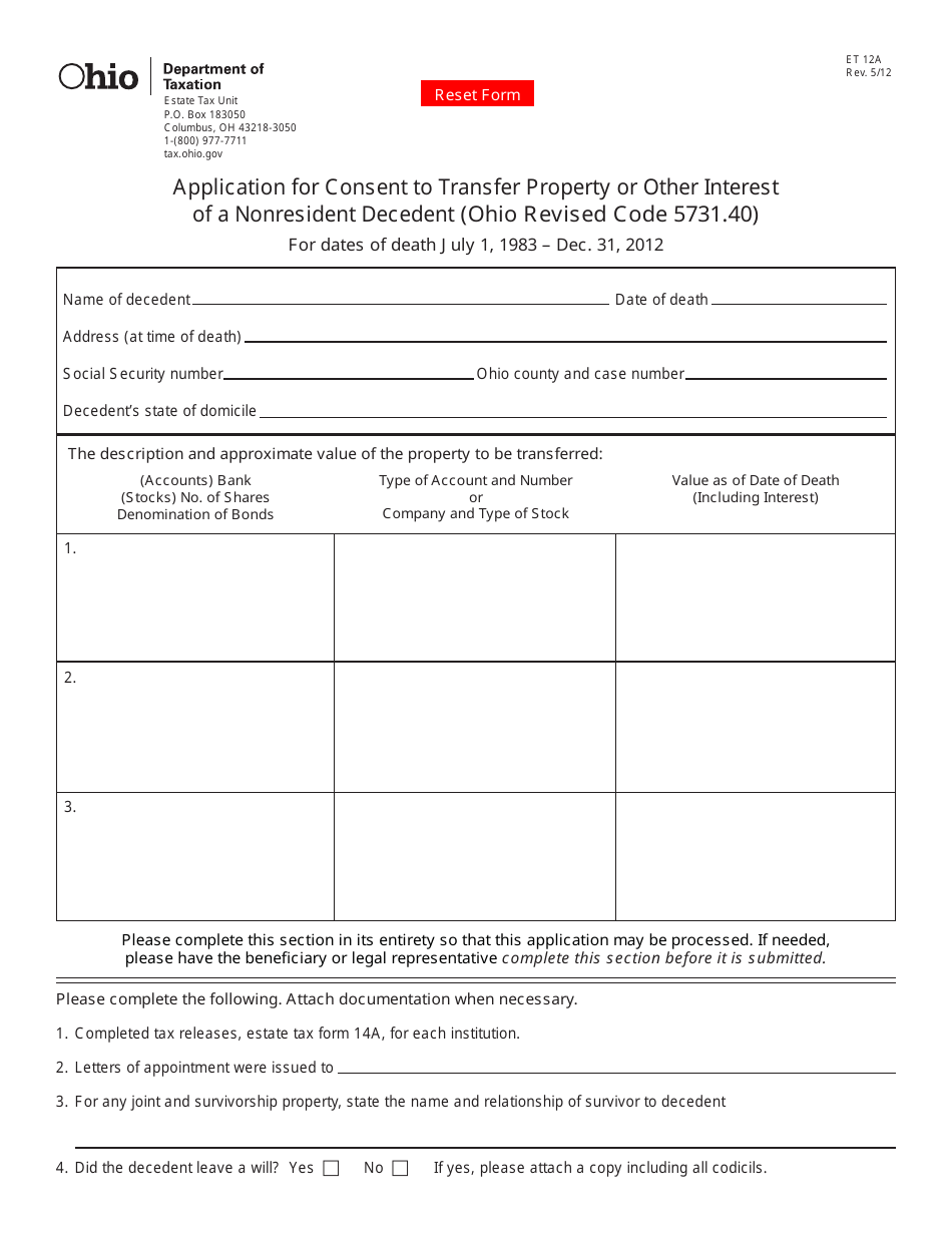 Form ET12a Download Fillable PDF or Fill Online Application for Consent ...