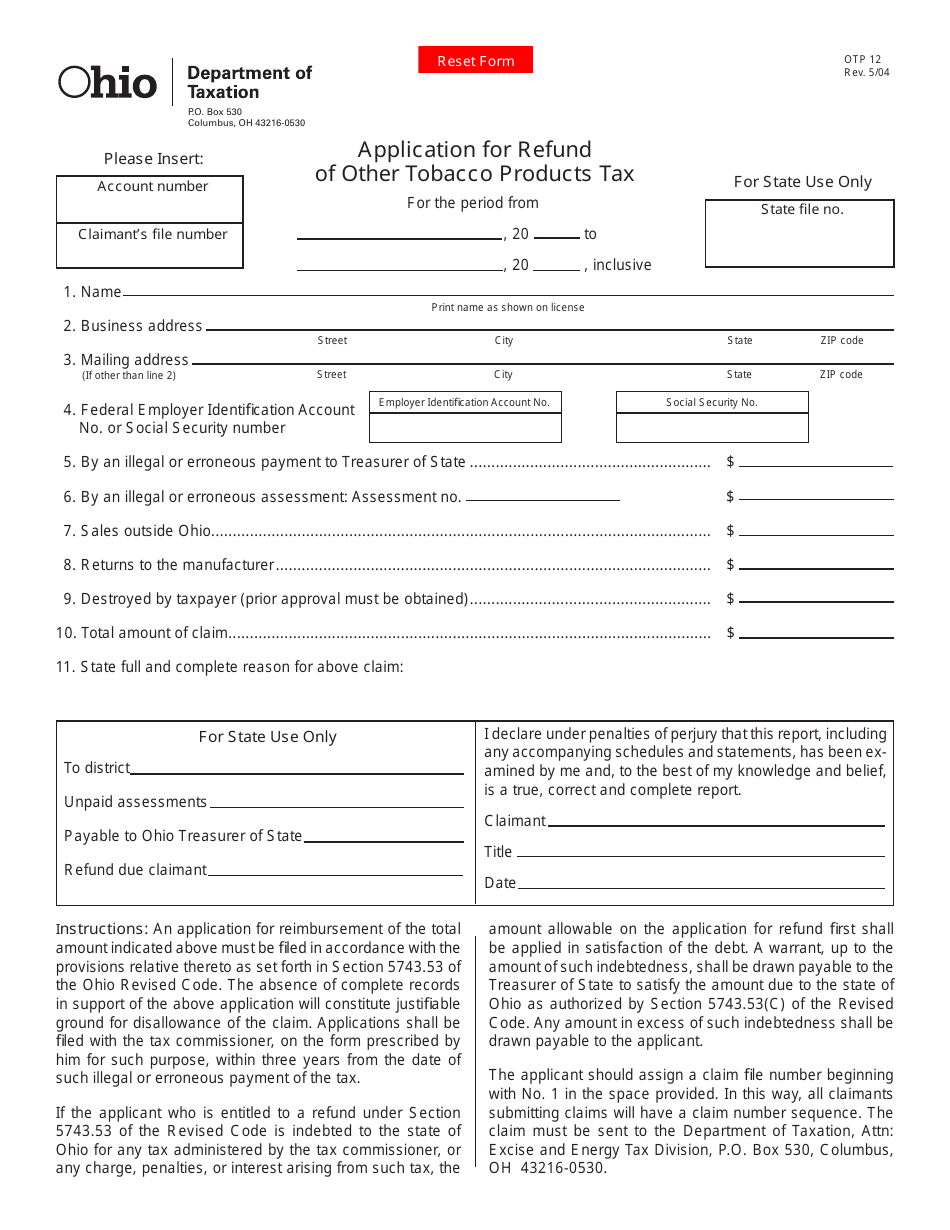 Form OTP12 - Fill Out, Sign Online and Download Fillable PDF, Ohio ...