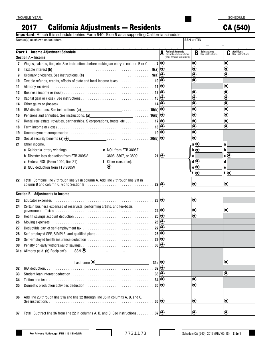 Form 540 Schedule CA 2017 Fill Out Sign Online And Download Form 540 Schedule CA 2017 Fill Out Sign Online And Download