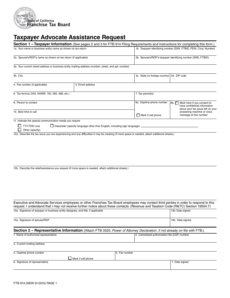 Form FTB914 - Fill Out, Sign Online and Download Fillable PDF ...