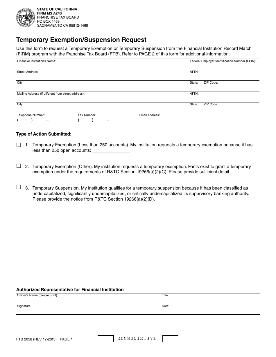 Form FTB2058 - Fill Out, Sign Online and Download Fillable PDF ...