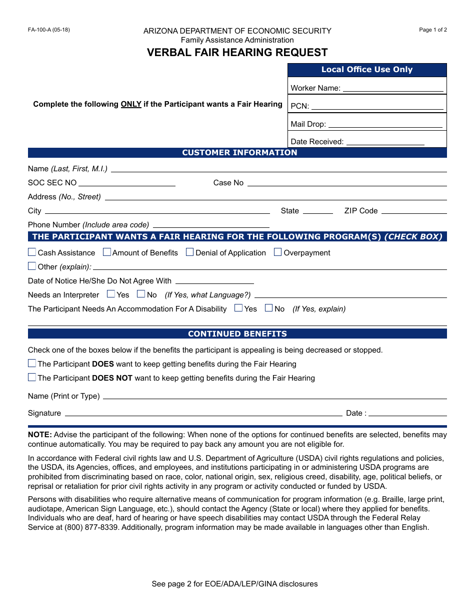 Form FA-100-A - Fill Out, Sign Online and Download Fillable PDF ...