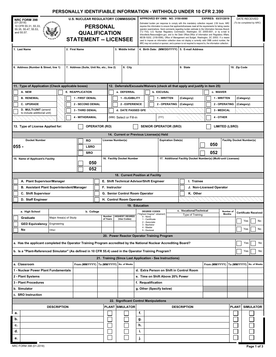 NRC Form 398 - Fill Out, Sign Online and Download Fillable PDF ...