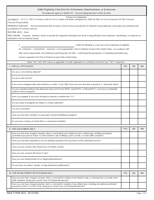 NGB Form 3621 Download Fillable PDF, Ang Eligibility Checklist for ...
