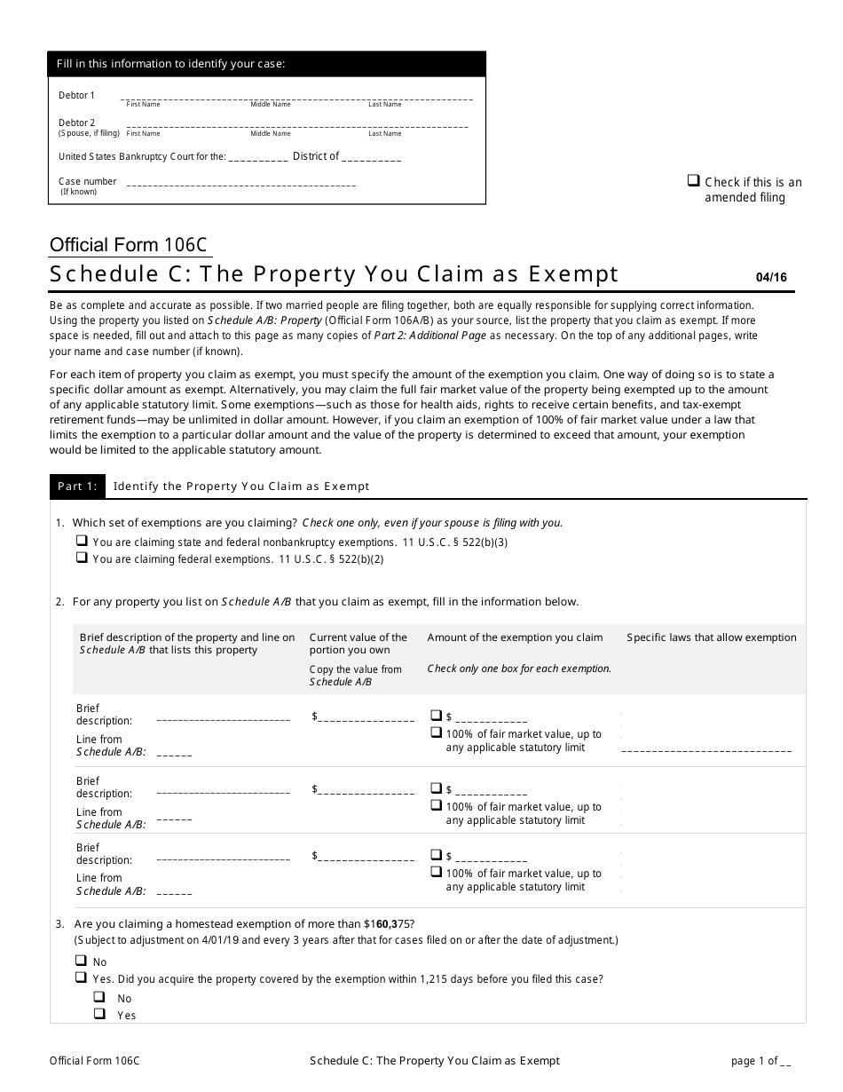 Official Form 106C Schedule C - Fill Out, Sign Online and Download ...