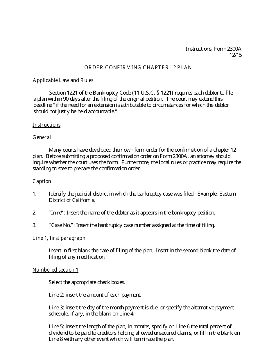Download Instructions for Form B2300A Order Confirming Chapter 12 Plan ...