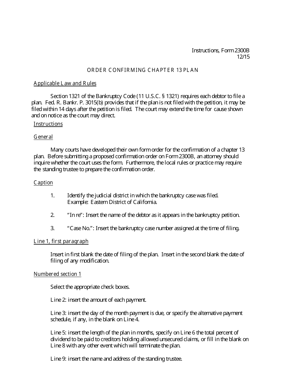 Download Instructions for Form B2300B Order Confirming Chapter 13 Plan ...