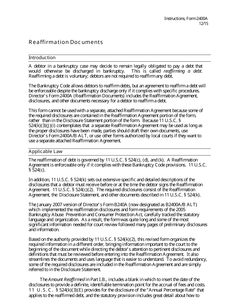 Download Instructions for Form 2400A Reaffirmation Documents PDF ...