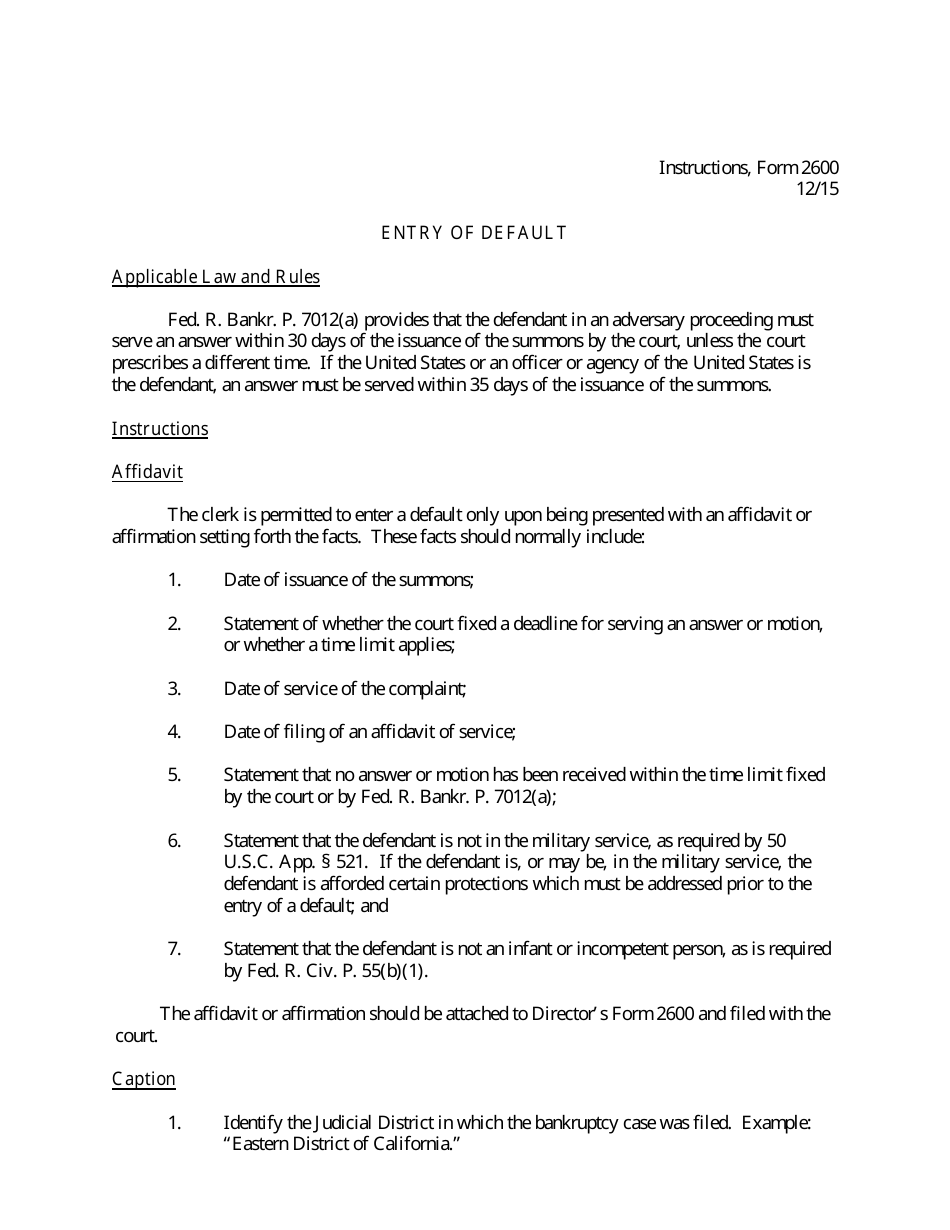 Download Instructions for Form 2600 Entry of Default PDF | Templateroller