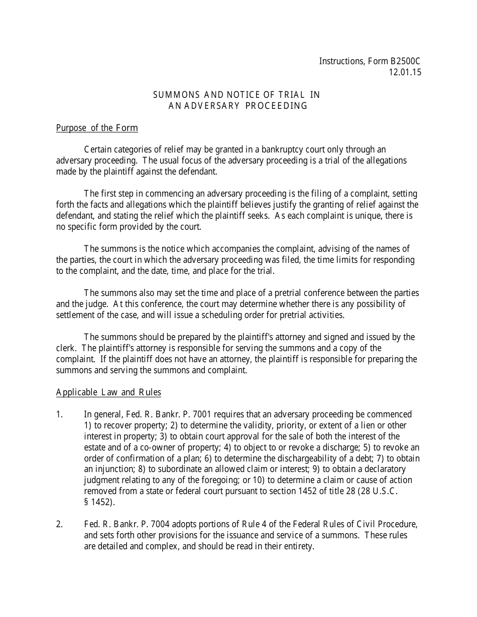 Download Instructions for Form B2500C Summons and Notice of Trial in an ...
