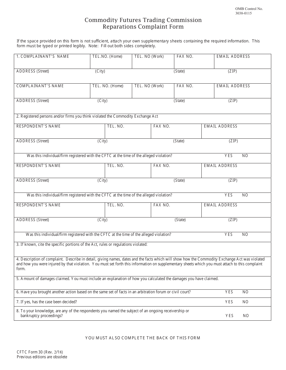 CFTC Form 30 - Fill Out, Sign Online and Download Fillable PDF ...