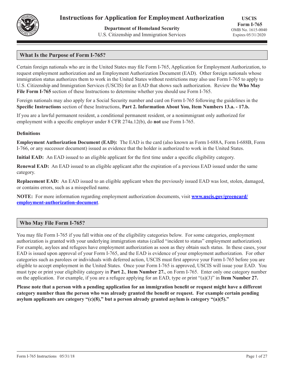 Download Instructions for USCIS Form I-765 Application for Employment ...