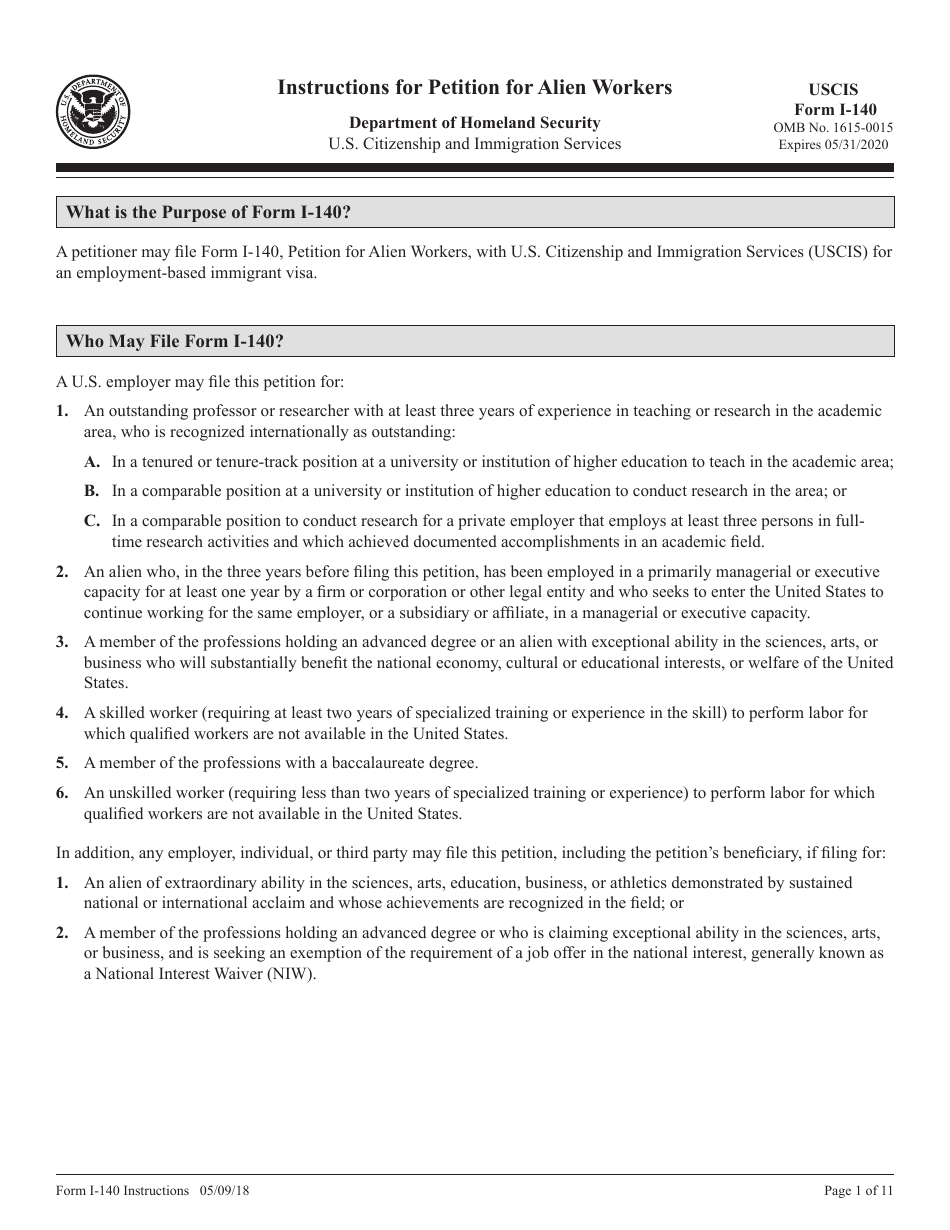 Download Instructions for USCIS Form I-140 Petition for Alien Workers PDF | Templateroller