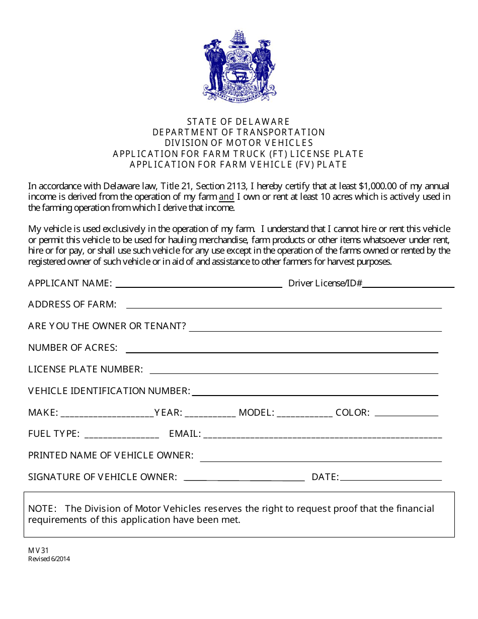 Form MV31 - Fill Out, Sign Online and Download Fillable PDF, Delaware ...