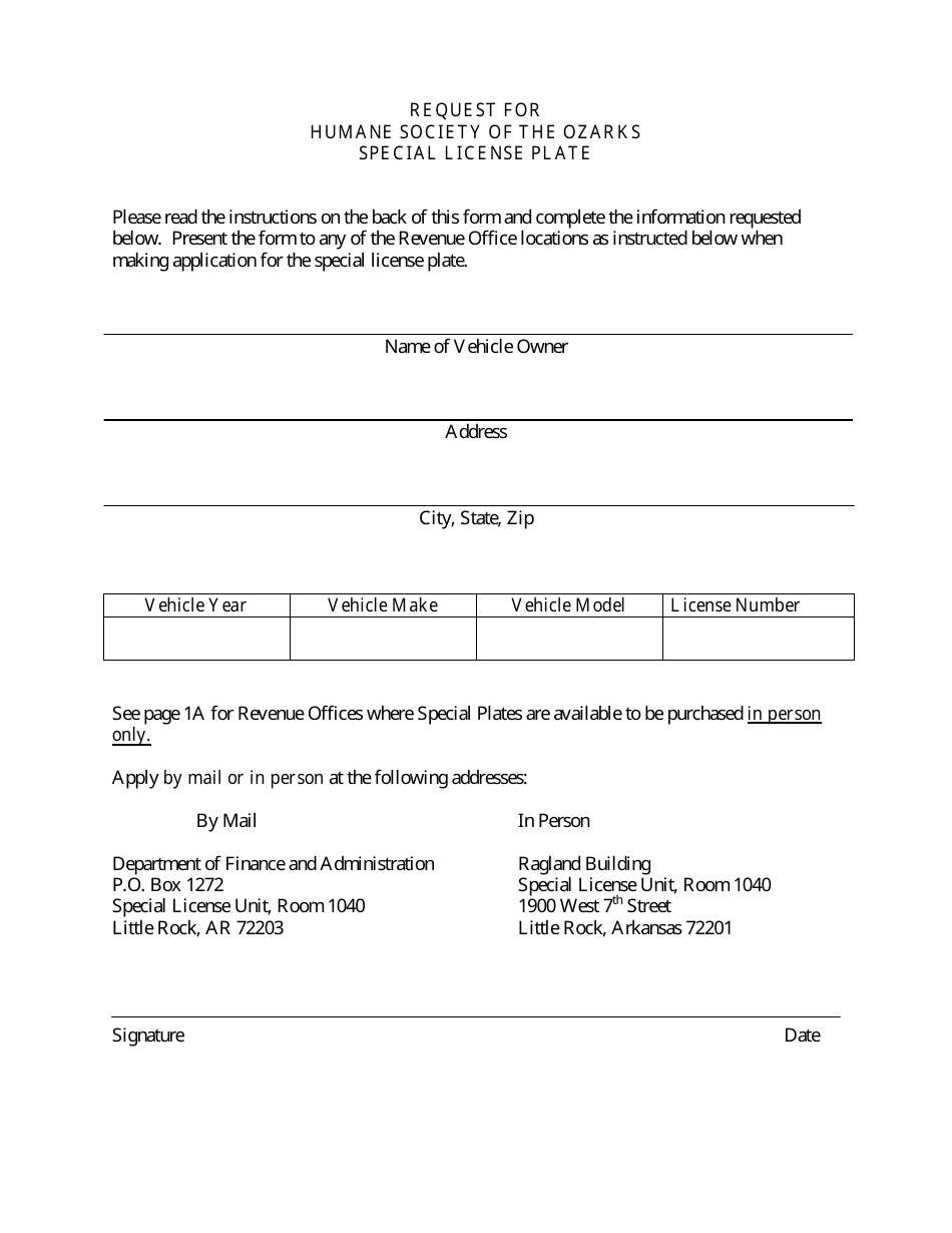 Arkansas Request for Human Society of the Ozarks Special License Plate ...