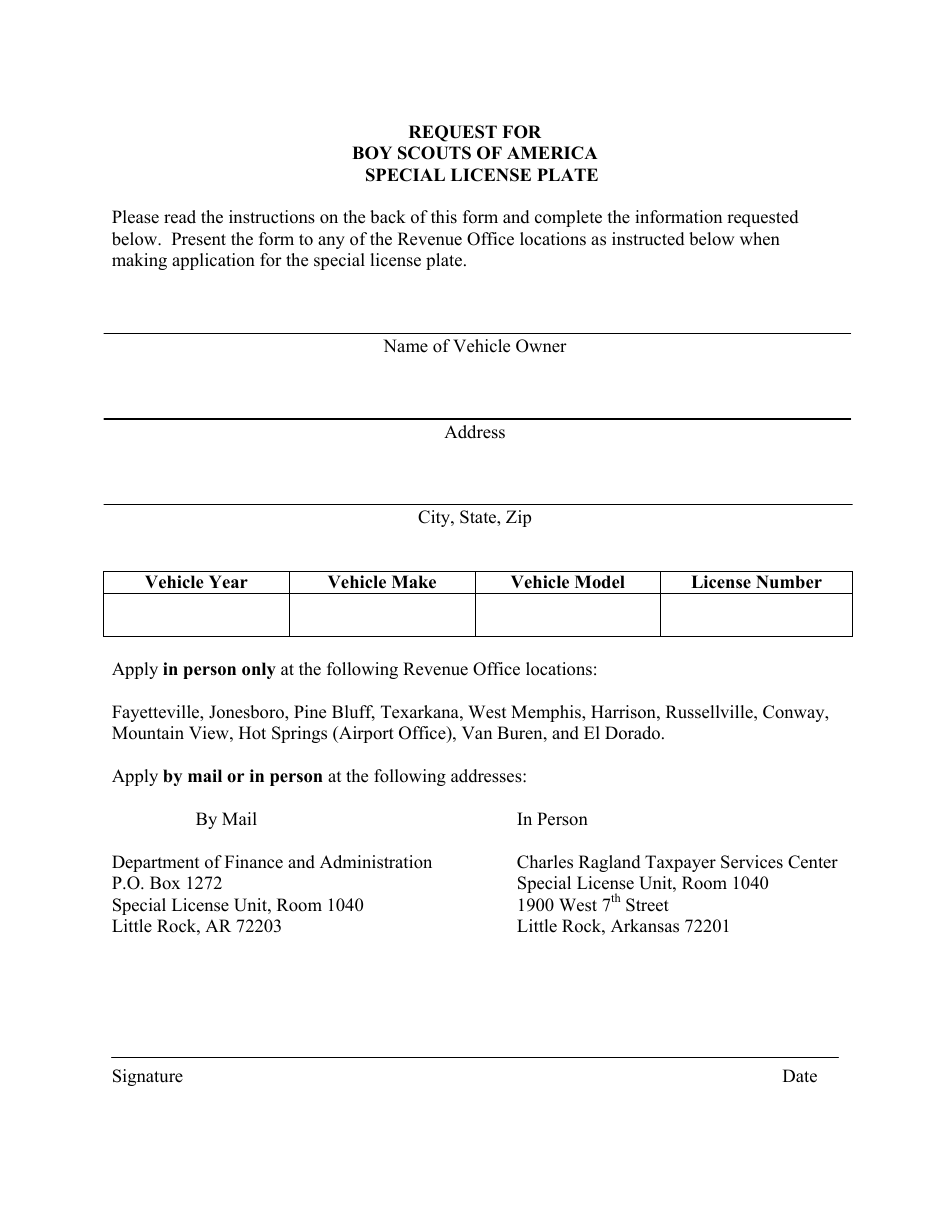 Arkansas Request for Boy Scouts of America Special License Plate ...