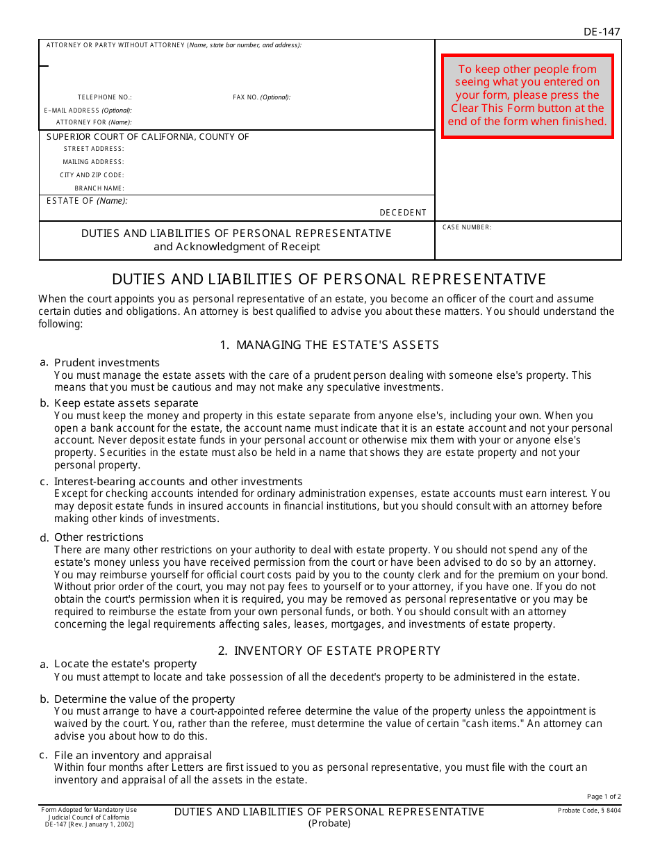Form DE-147 - Fill Out, Sign Online and Download Fillable PDF ...