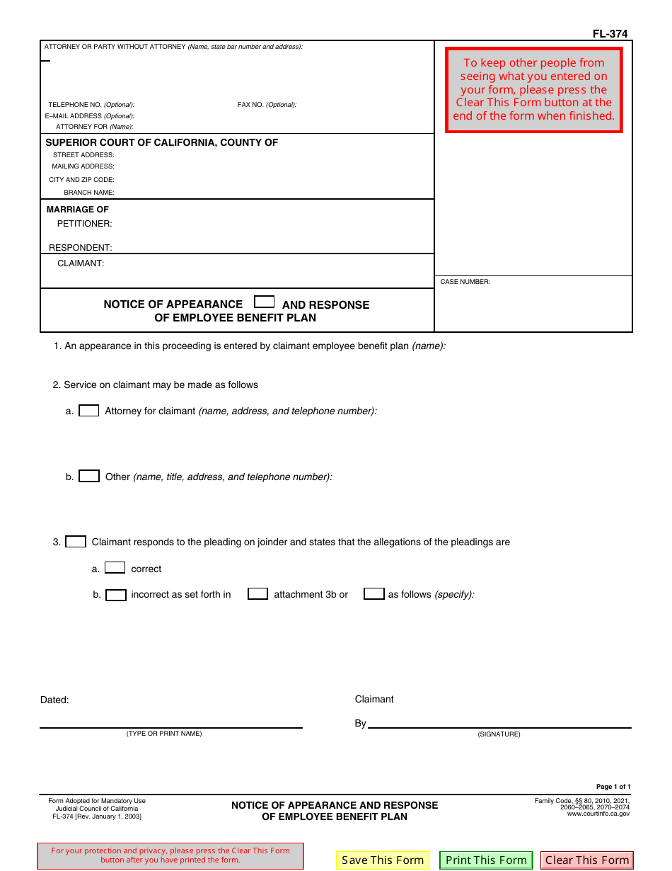 Form FL-374 - Fill Out, Sign Online and Download Fillable PDF ...