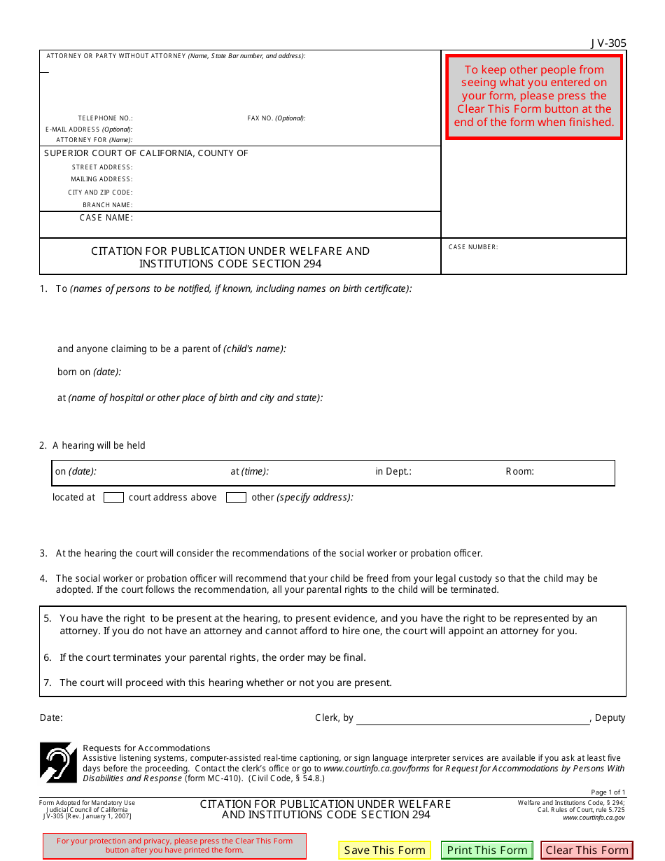 Form JV-305 - Fill Out, Sign Online and Download Fillable PDF ...