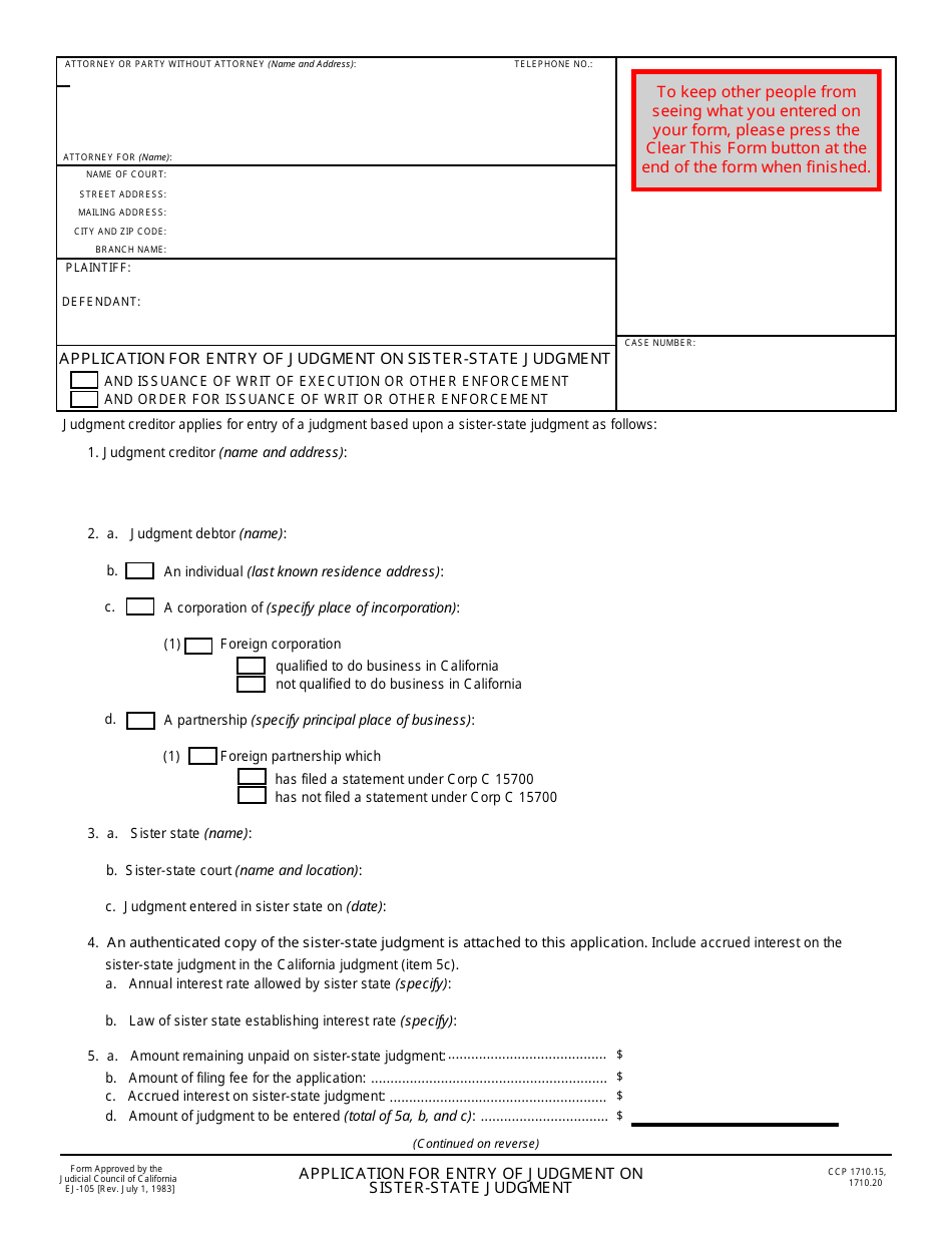 Form EJ-105 - Fill Out, Sign Online and Download Fillable PDF ...