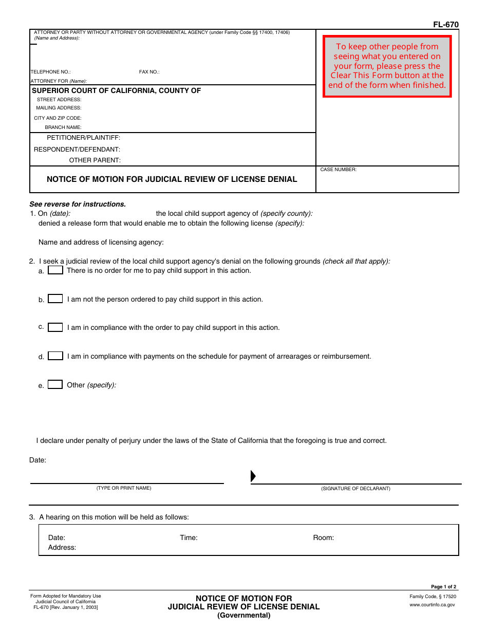 Form FL-670 - Fill Out, Sign Online and Download Fillable PDF ...