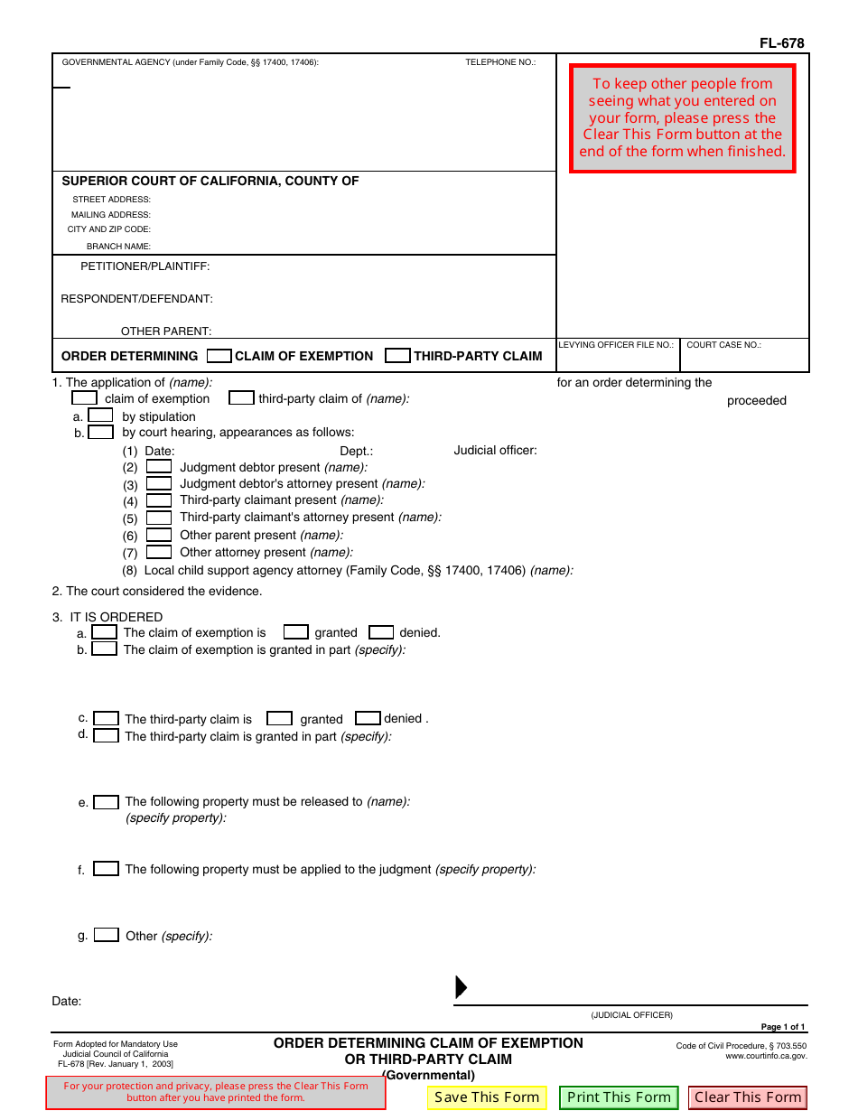 Form FL-678 - Fill Out, Sign Online and Download Fillable PDF ...