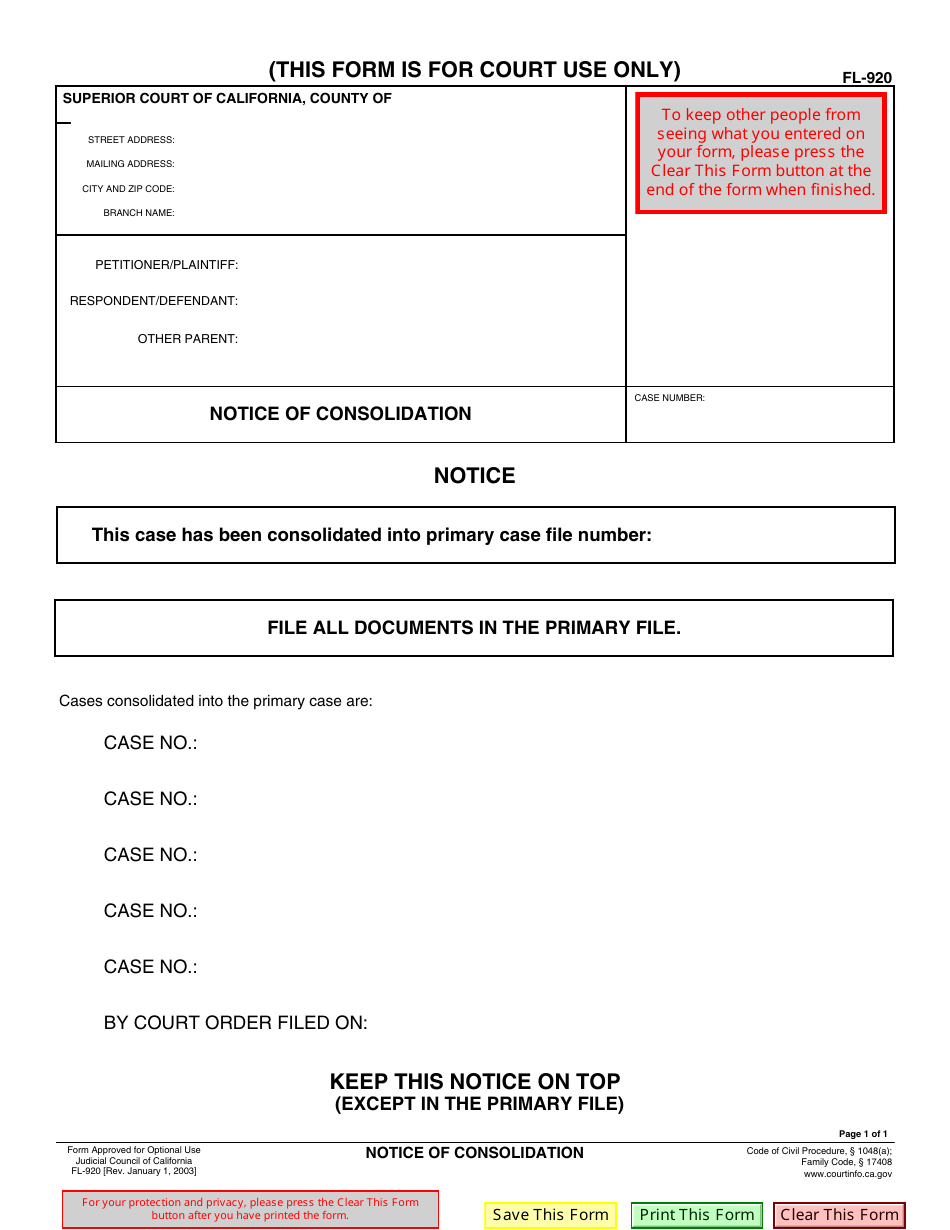 Form FL-920 - Fill Out, Sign Online and Download Fillable PDF ...