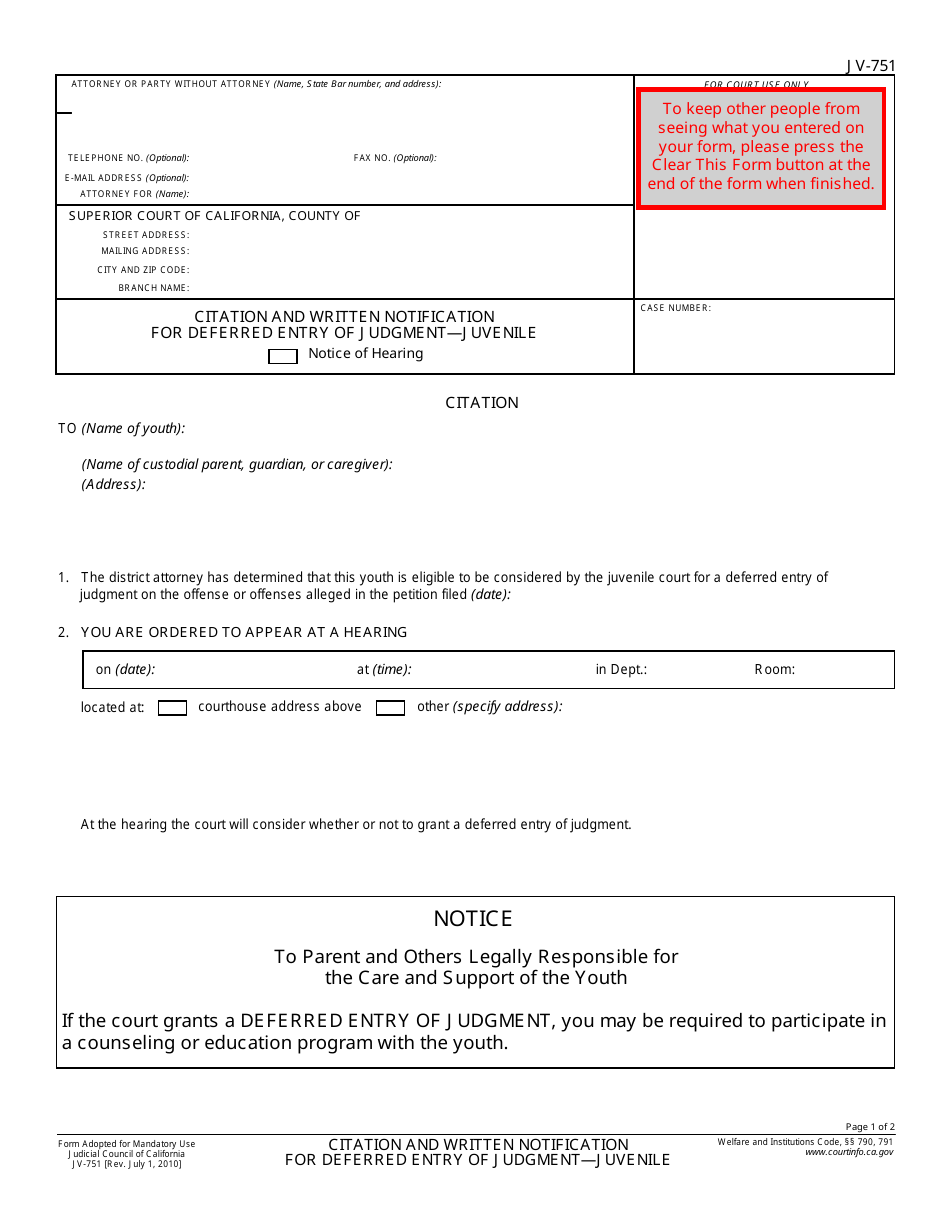 Form JV-751 - Fill Out, Sign Online and Download Fillable PDF ...