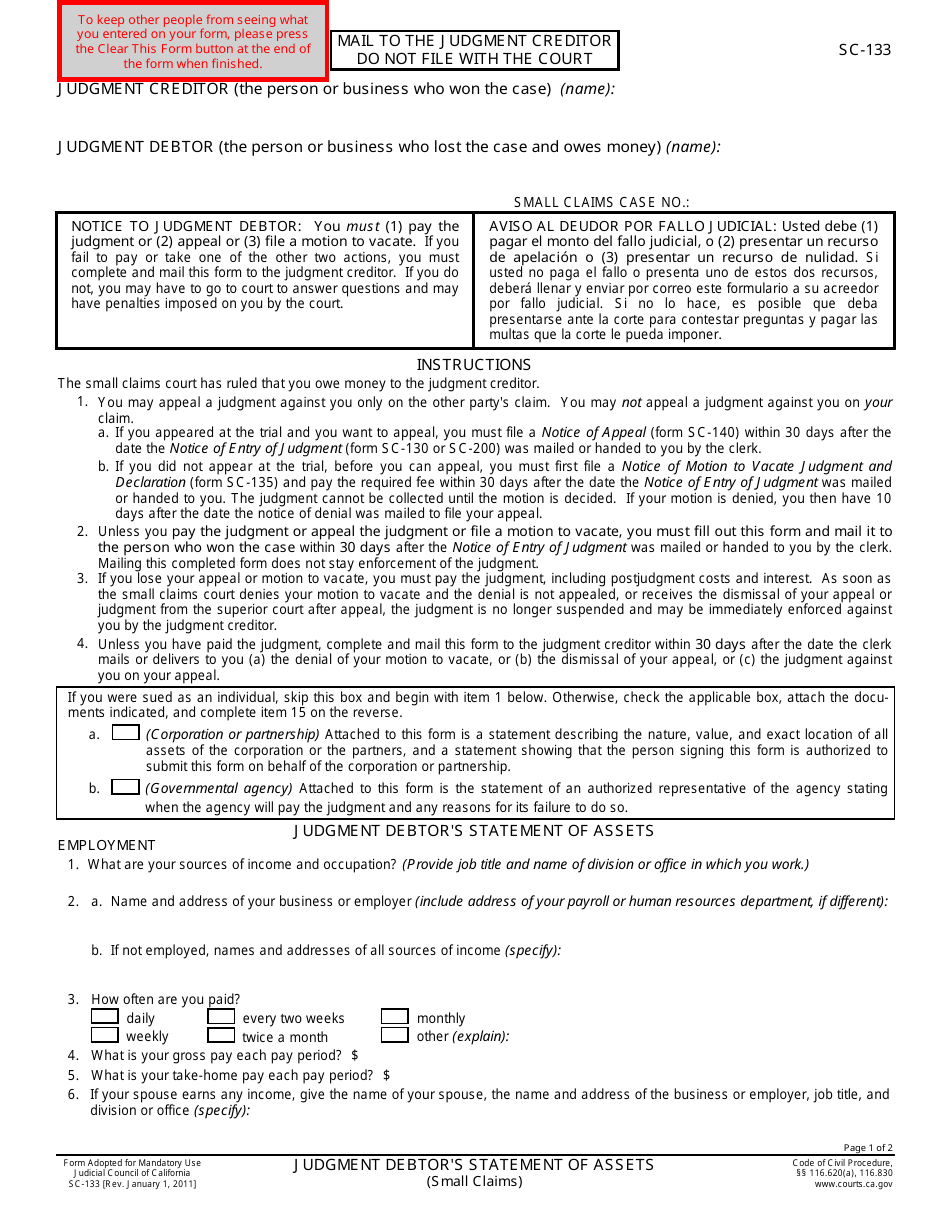 Form SC-133 - Fill Out, Sign Online and Download Fillable PDF ...