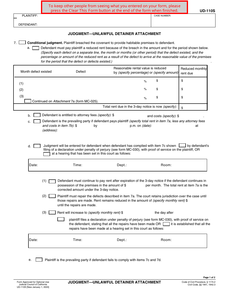 Form UD-110S - Fill Out, Sign Online and Download Fillable PDF ...