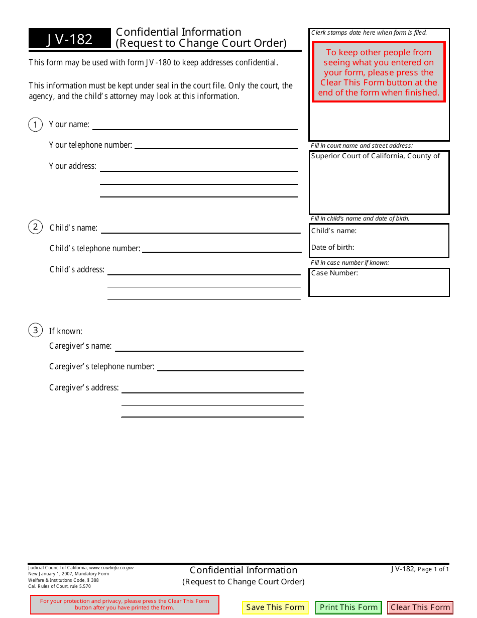 Form JV-182 - Fill Out, Sign Online and Download Fillable PDF ...