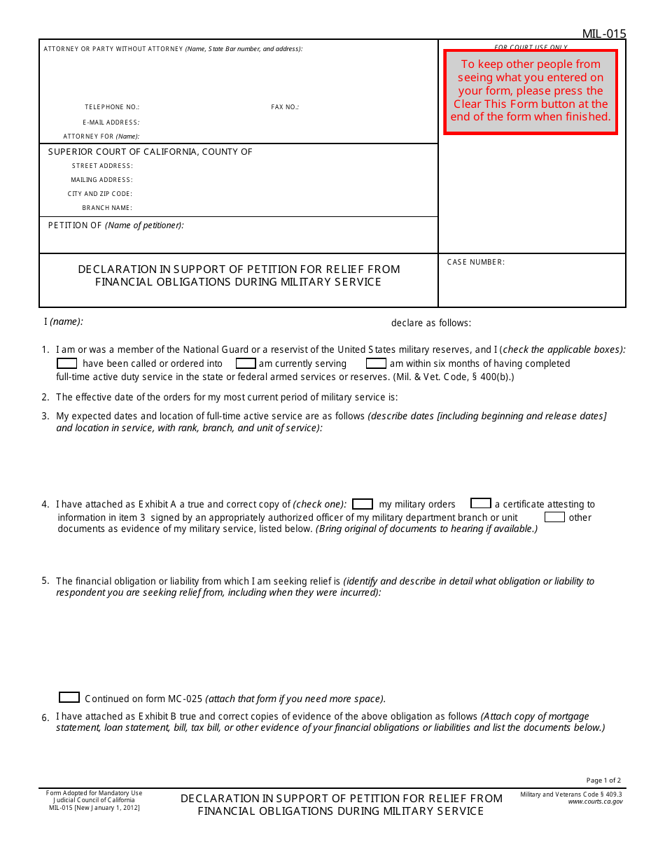 Form MIL-015 - Fill Out, Sign Online and Download Fillable PDF ...