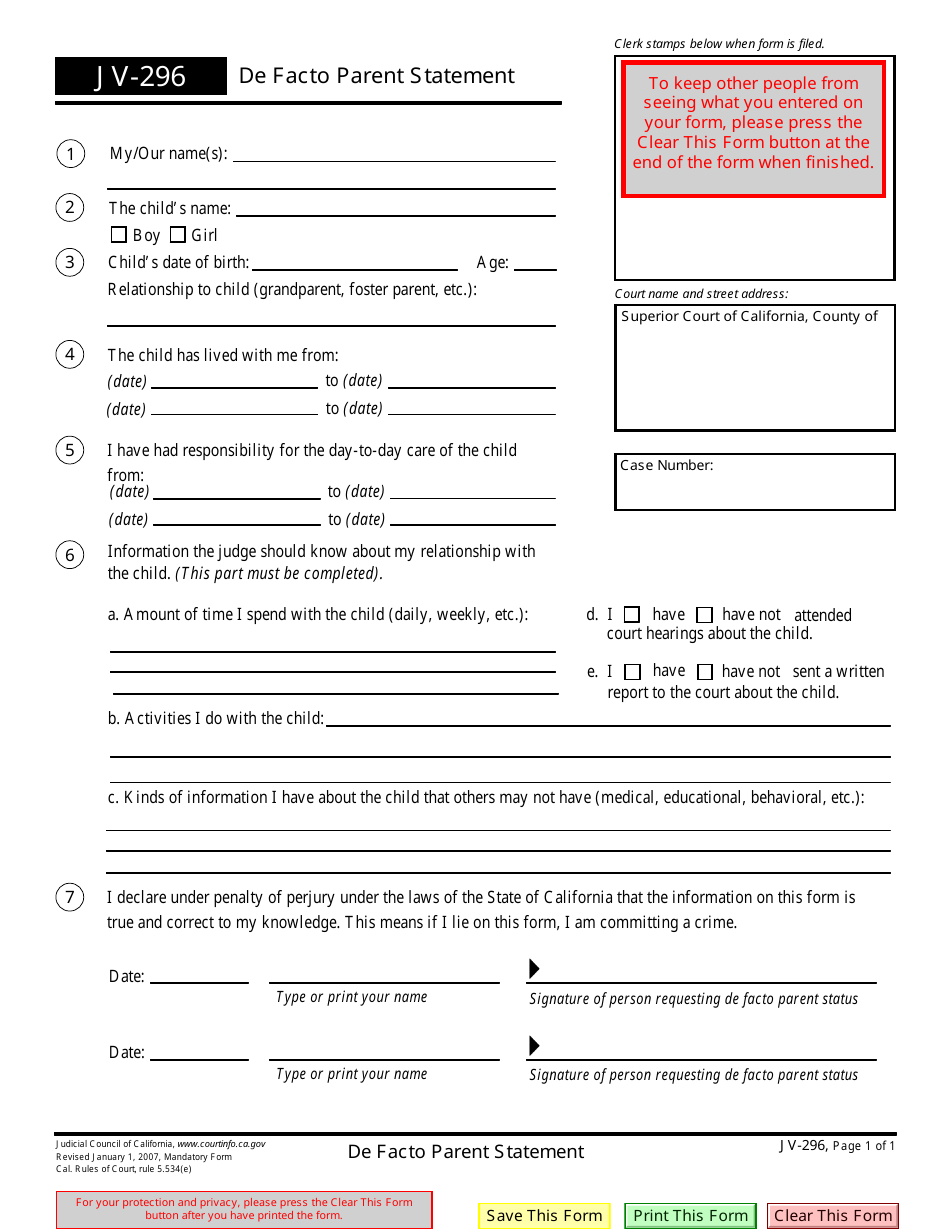 Form JV-296 - Fill Out, Sign Online and Download Fillable PDF ...