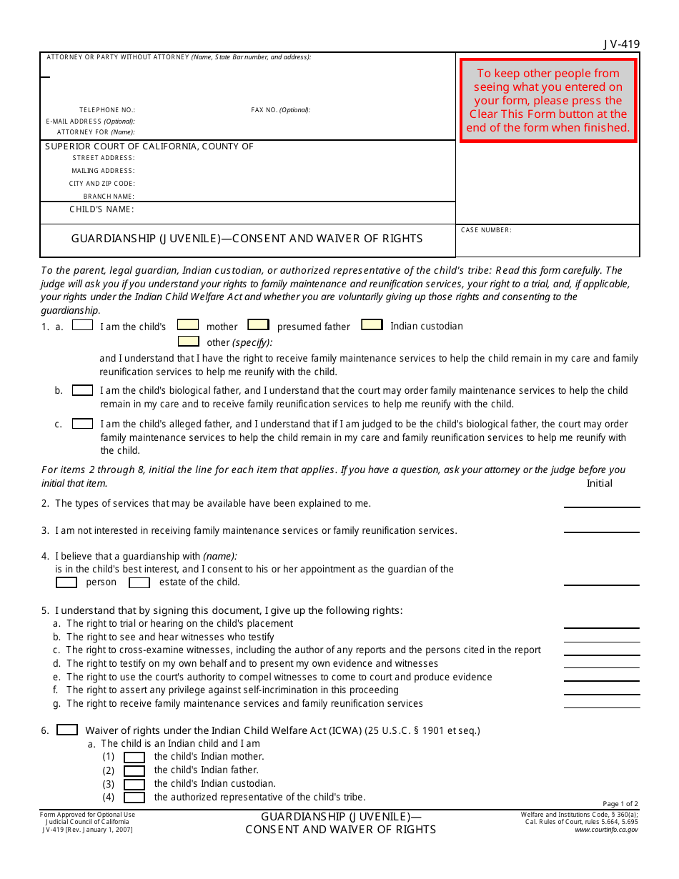 Form JV-419 - Fill Out, Sign Online and Download Fillable PDF ...