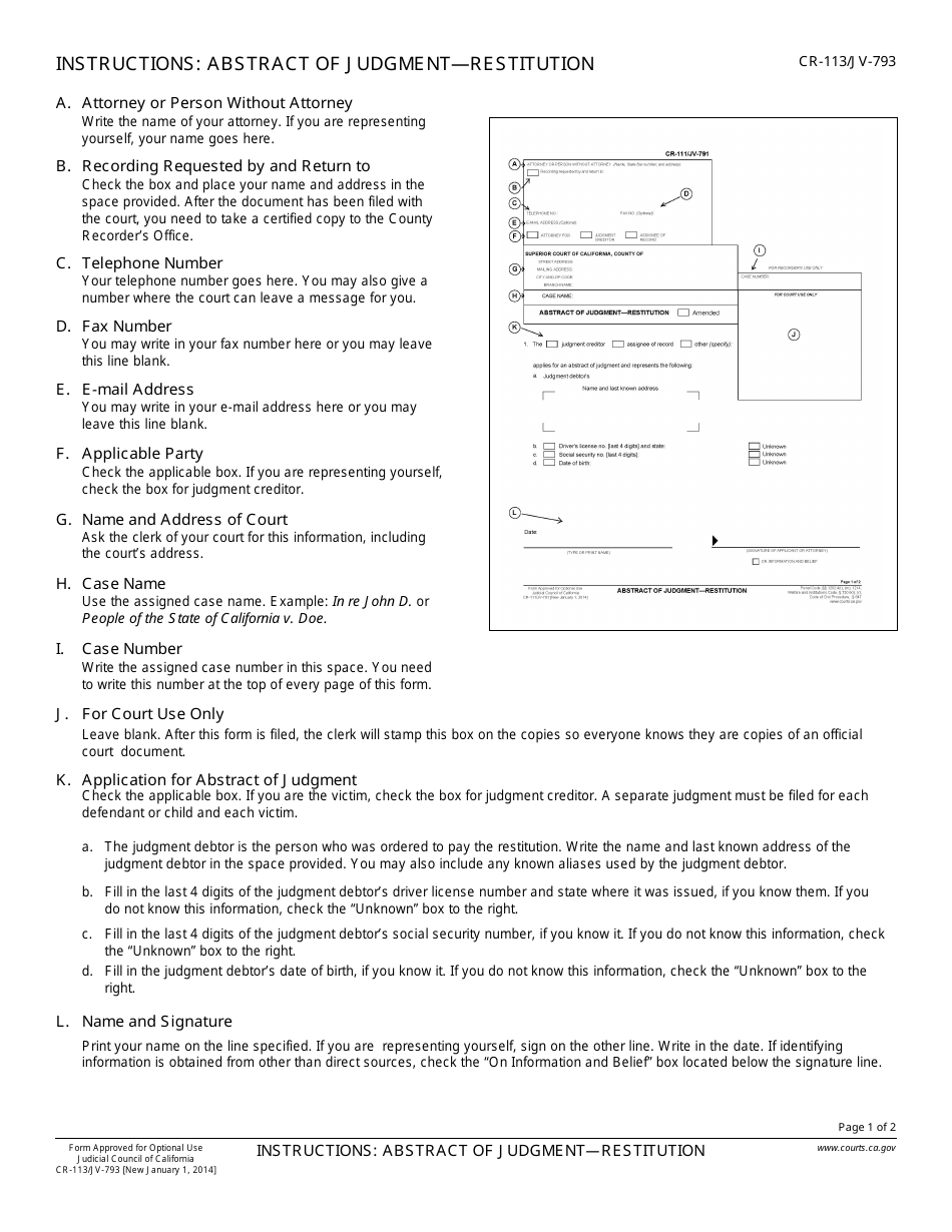 Download Instructions for Form CR-113, JV-791 Abstract of Judgment ...
