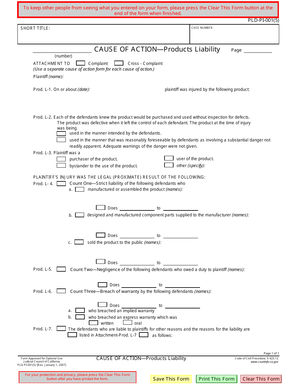 Form PLD-PI-001(5) - Fill Out, Sign Online and Download Fillable PDF ...