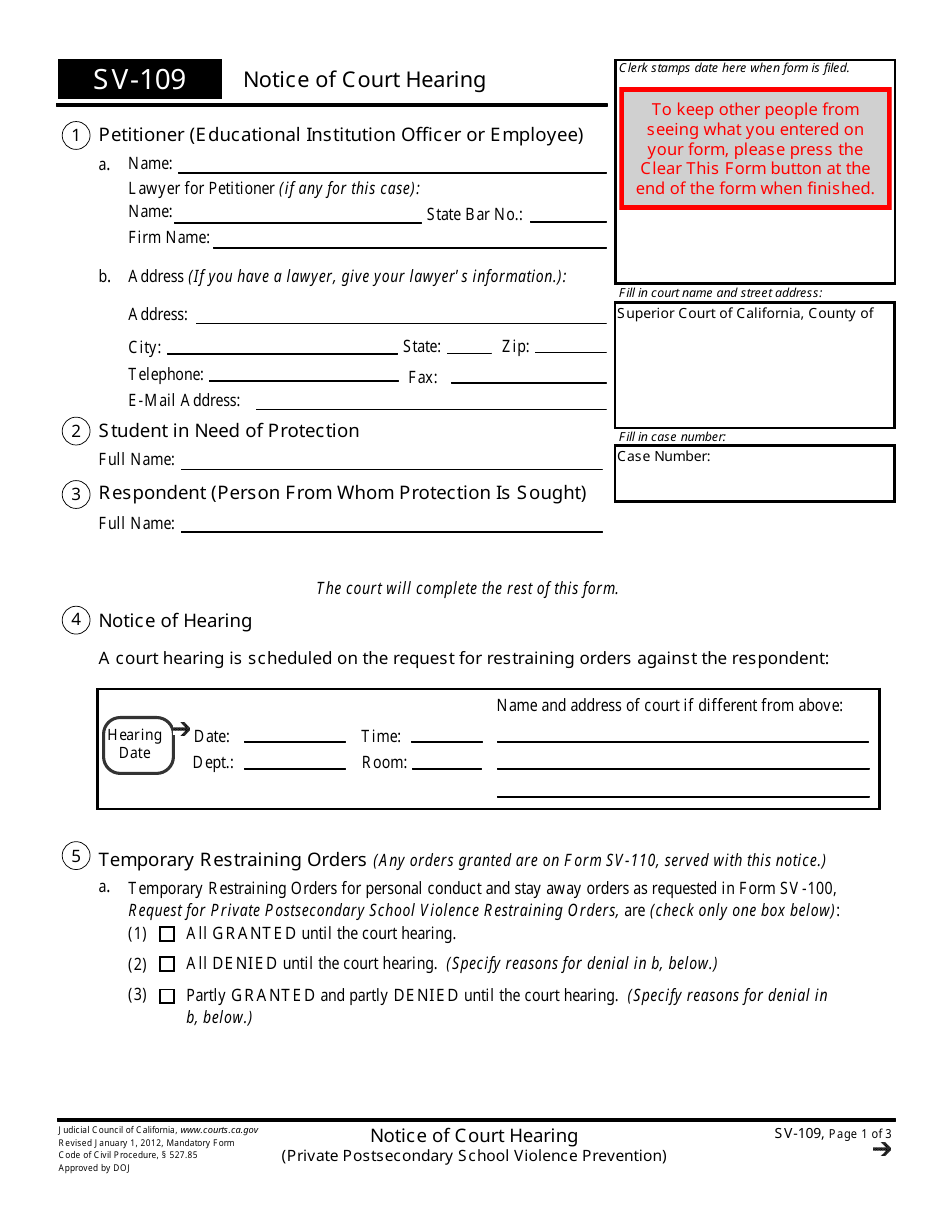Form SV-109 - Fill Out, Sign Online and Download Fillable PDF ...