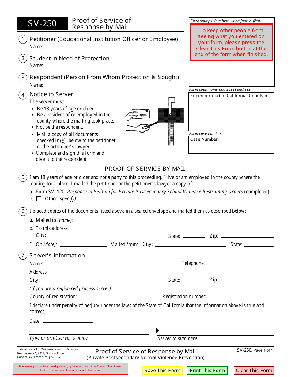 Form SV-250 - Fill Out, Sign Online and Download Fillable PDF ...