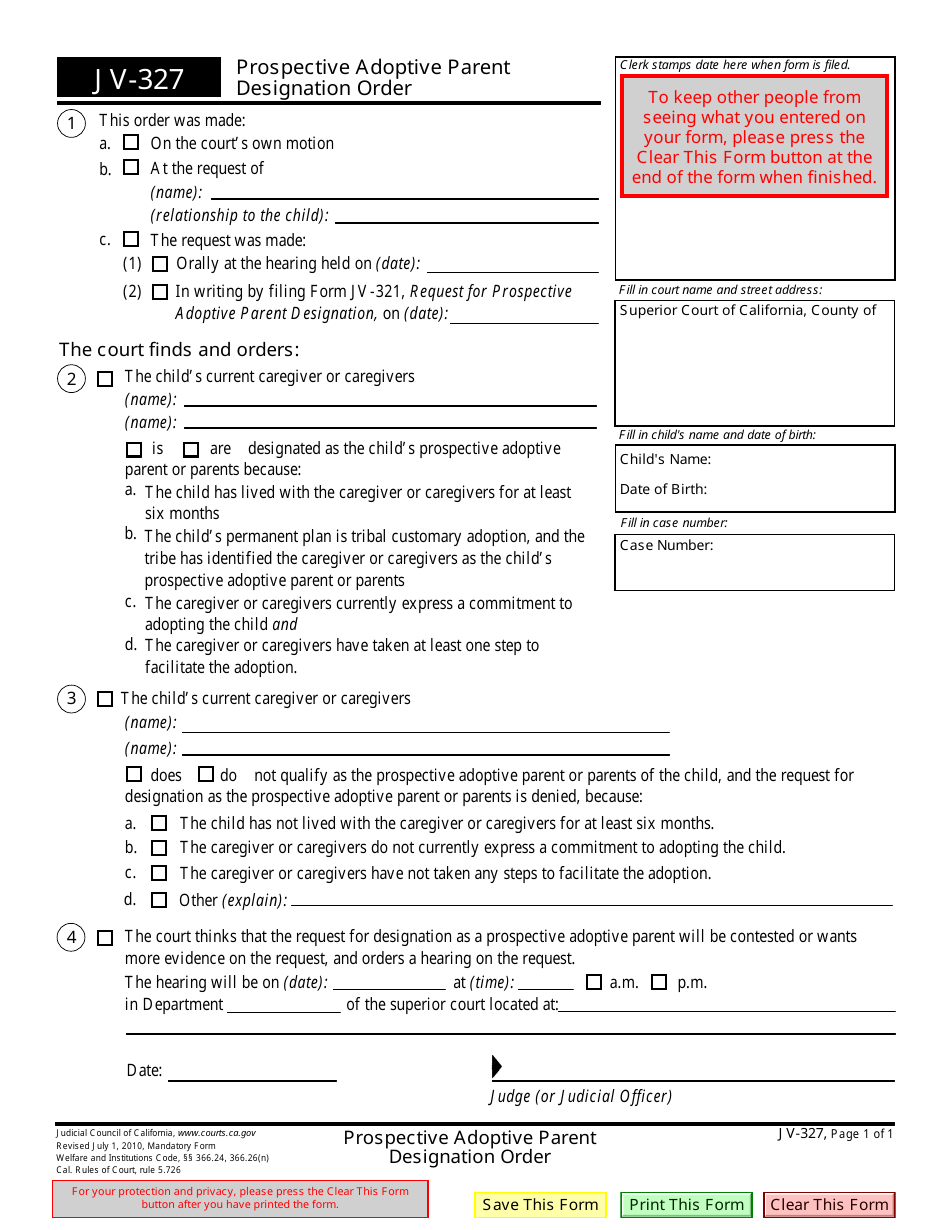 Form JV-327 - Fill Out, Sign Online and Download Fillable PDF ...