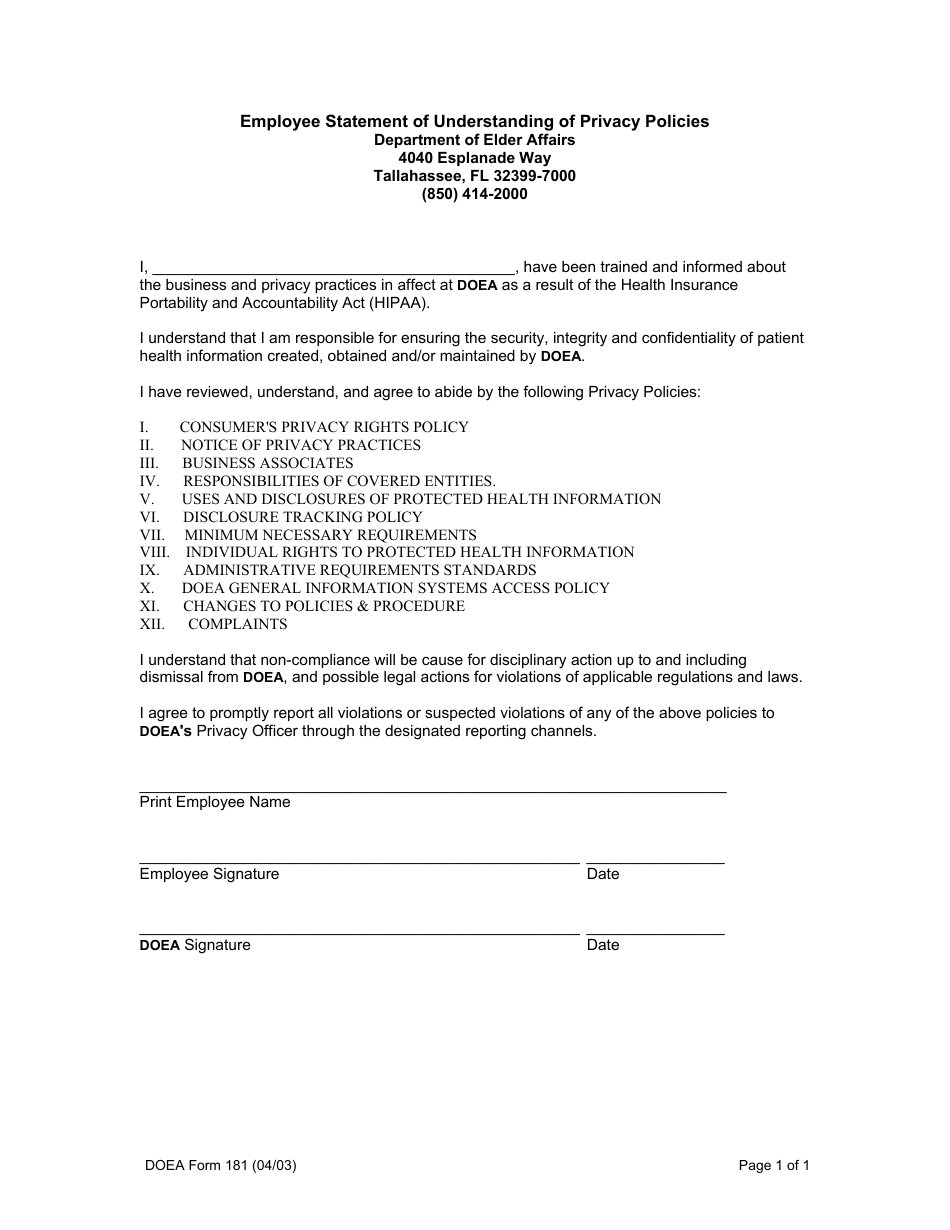 DOEA Form 181 - Fill Out, Sign Online and Download Printable PDF ...