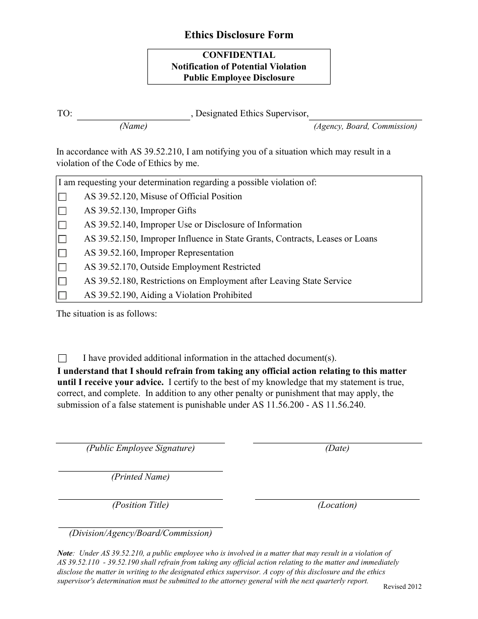 Alaska Ethics Disclosure: Confidential Notification of Potential ...